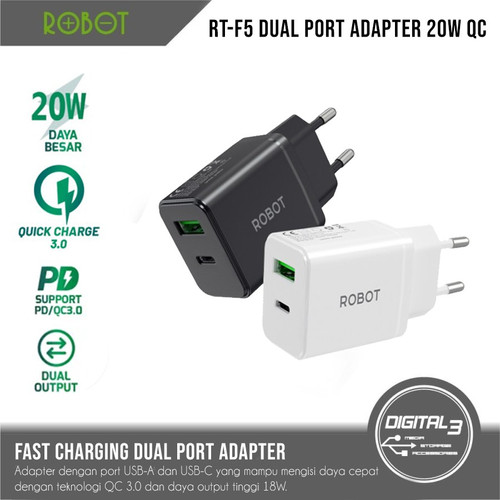 ROBOT RT-F5 Dual Port USB C + A Fast Charger Adapter 20W PD QC Iphone ...