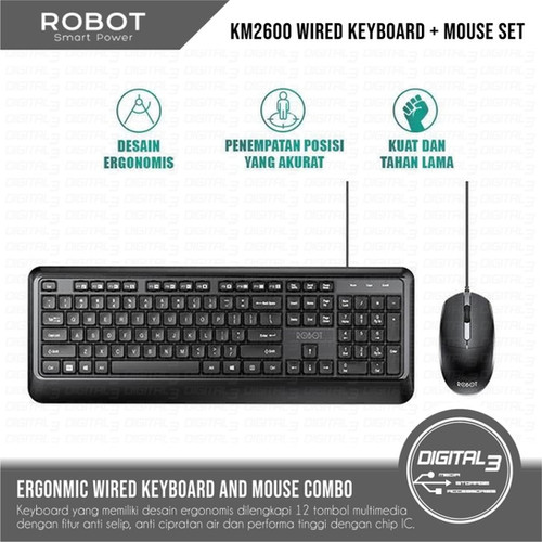 ROBOT KM2600 Wired USB Keyboard and Mouse Combo SET Anti-Slip Ergonomic ...