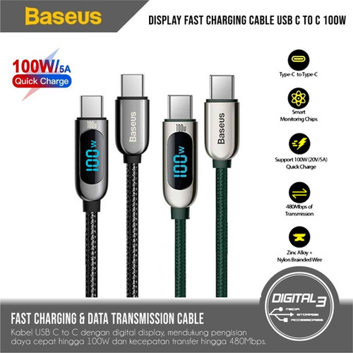 Baseus Digital Display Cable Series USB C to C Kabel Data 100W LED ...