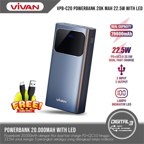 Vivan 20000mAh PowerBank Dual USB A QC PD 22.5W + Type C VPB-C20 LED ...