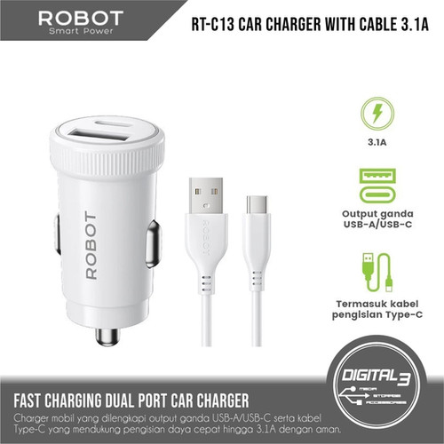 ROBOT RT-C13 Car Charger with Cable Type-C Dual Port USB-A / USB-C 3.1A ...