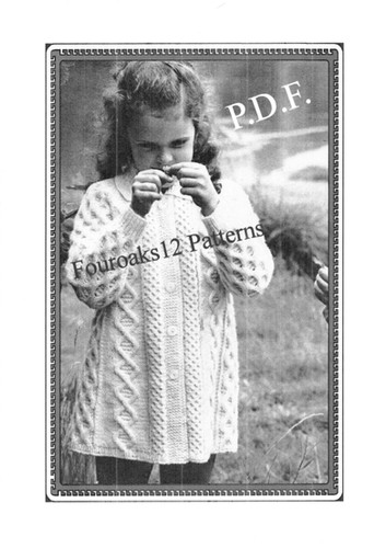 Girls Aran Coat Knitting Pattern 21A | www.fouroaks12patterns.com