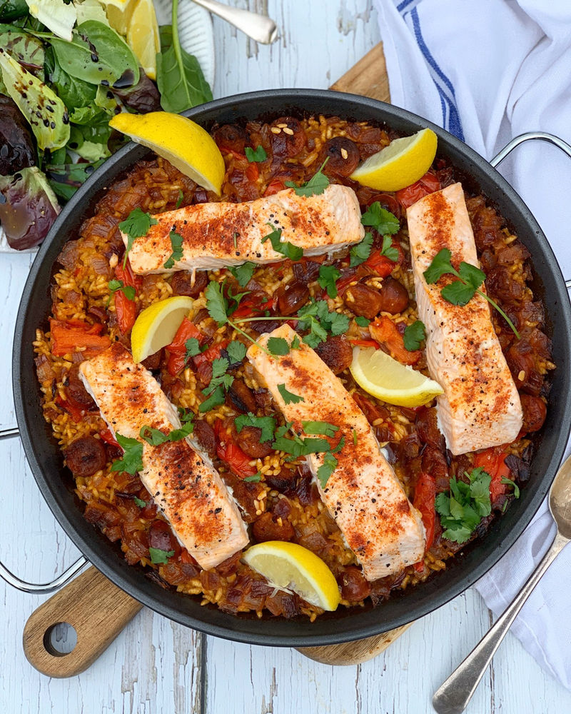 Oven Baked Salmon & Chorizo Paella