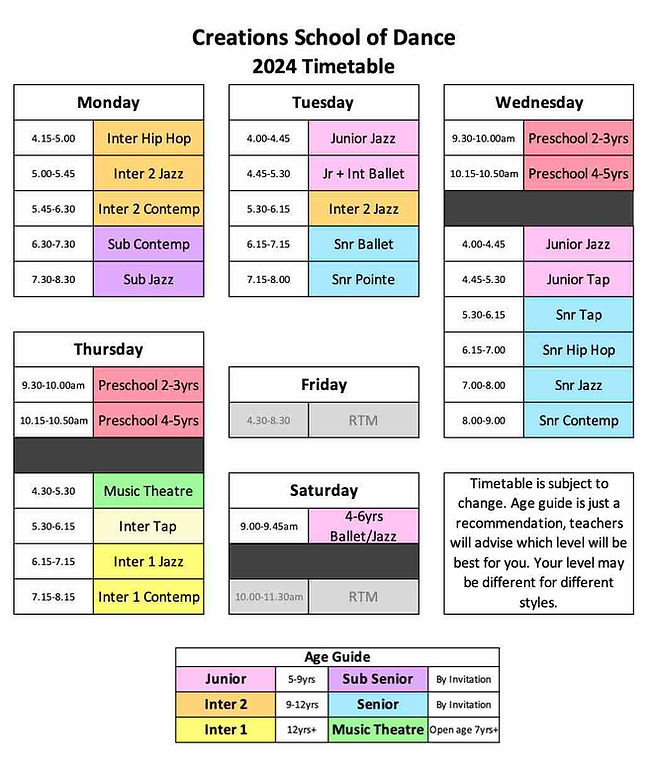 Timetable | Creations School of Dance
