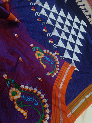 Pure Resham Blended Cotton Khun Embroidery Maharashtrian Saree ...