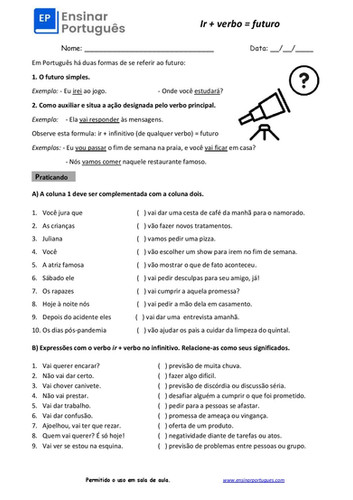 Ir + verbo = Exercícios Futuro do Presente | Ensinar Português