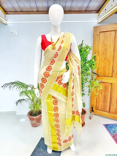 Orange Phool Designer Kasavu Tissue Setmundu | HARADHI