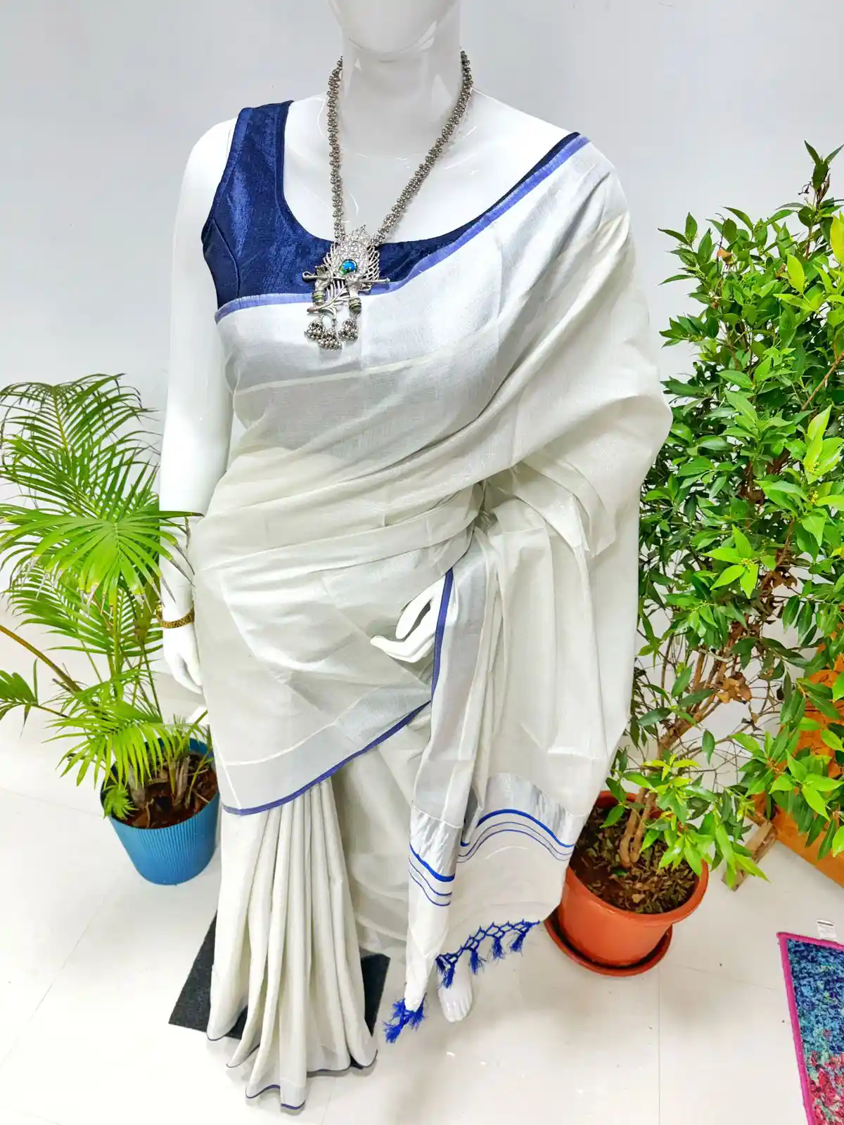 Silver Kasavu Tissue Kerala Saree with Azure Blue Border | HARADHI