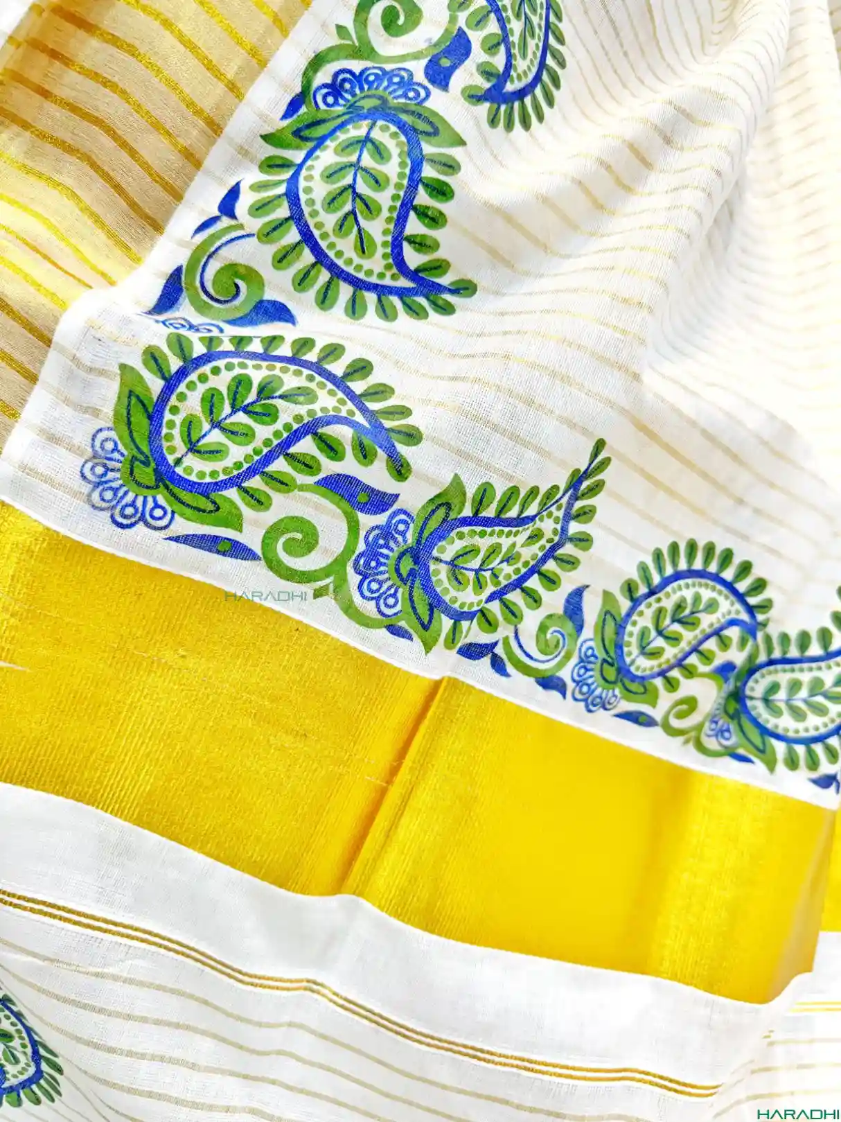 Mango Stripe Designer Kasavu Cotton Setmundu | HARADHI