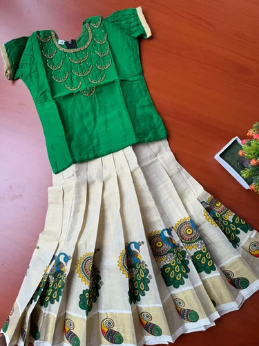 Kelly Green Mayura Designer Tissue Readymade Beads Work Kerala Dress 4 ...
