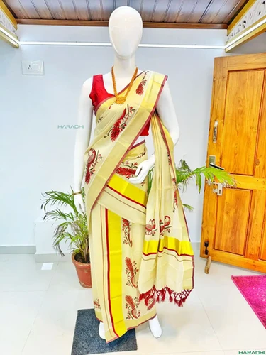 Mayura Designer Maroon Tussel Tissue Set Mundu | HARADHI