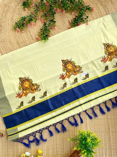 Krishna Mural Berry Blue Tussel Tissue Kerala Saree | Onamsarees