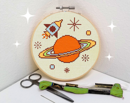 Outer space, Saturn, rocket ship cross stitch pattern download| Mid ...