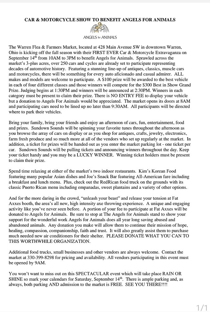 CAR SHOW EXTRAVAGANZA TO BENEFIT ANGELS FOR ANIMALS!