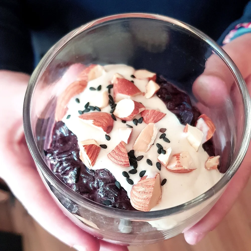 Sticky Black Rice Dessert with Almond Cream