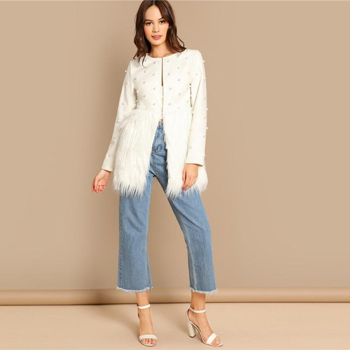 Solid Pearl Embellished Faux Fur Round Neck Jacket | CockpitCo