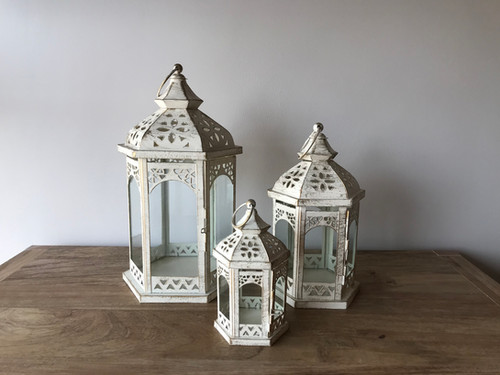 Cream Distressed Metal Lanterns | hintofvintagehire