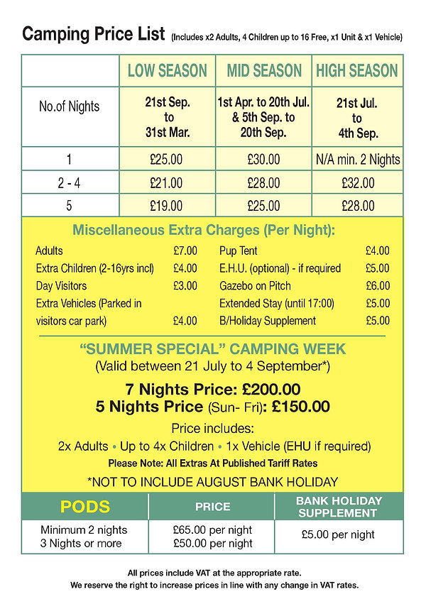 Pricelist | Campsite | Henlow Bridge Lakes