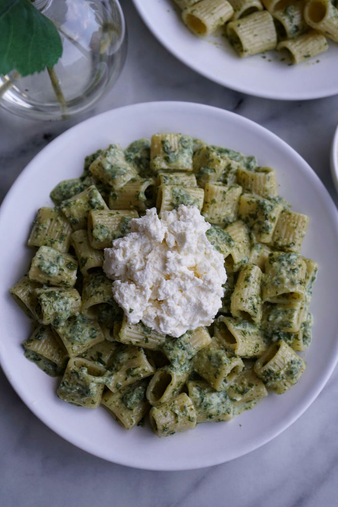 Creamy Pesto Rigatoni with Smoked Ricotta