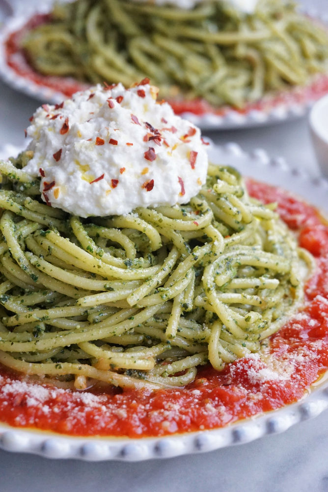 Basil Pesto Spaghetti with Marinara & Ricotta