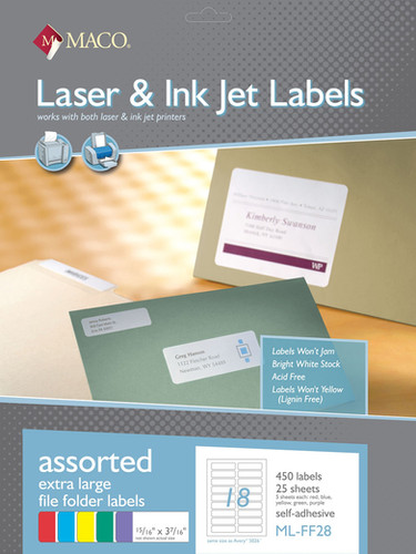 Laser/Inkjet Asst Color XL File Folder Labels, 15/16" x 3-7/16", 18/Sht ...