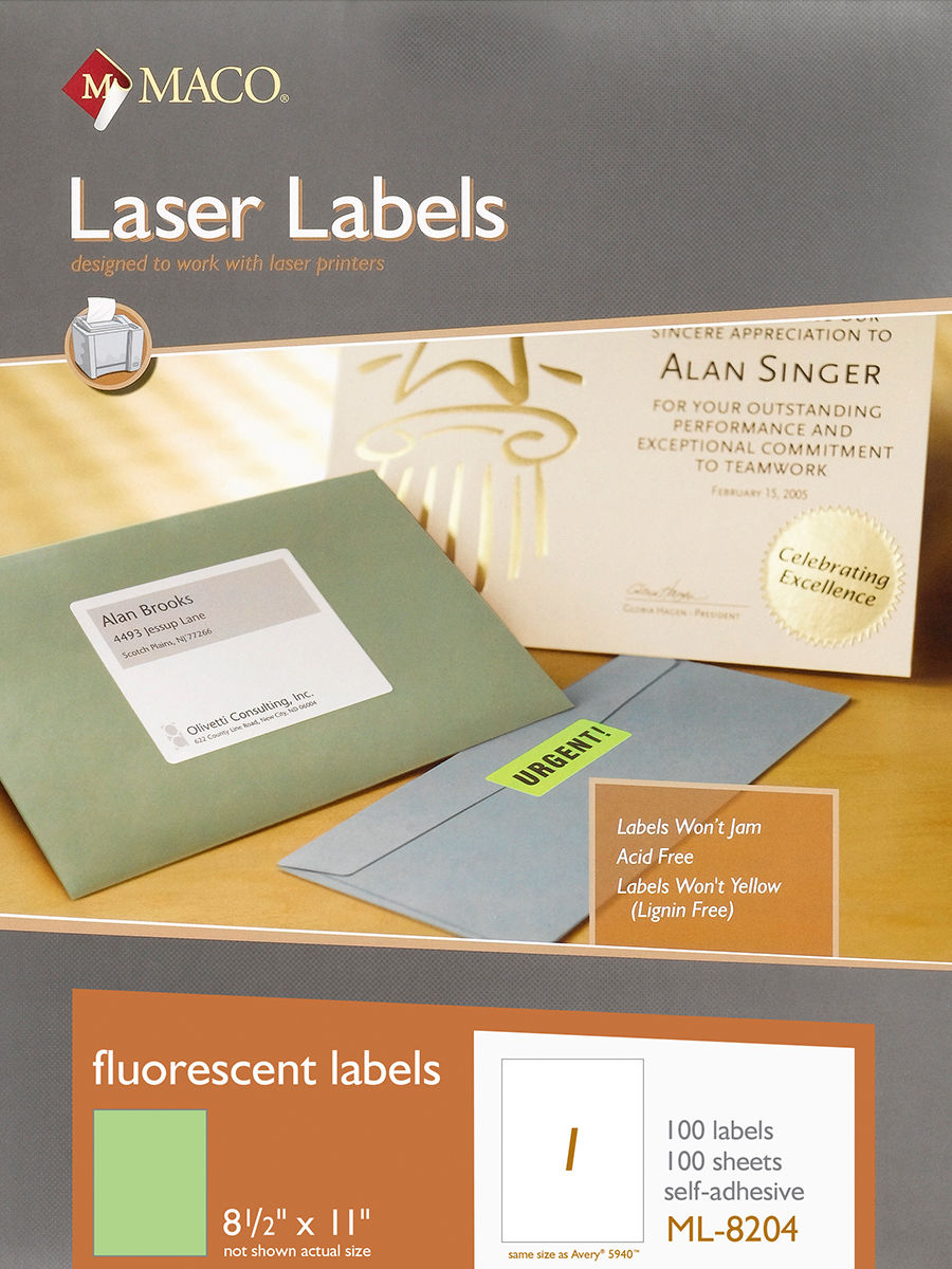 Laser Green Neon Labels, 8-1/2" x 11", 1/Sheet, 100 Labels/Bx | Maco