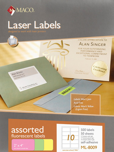 Laser Assorted Neon Labels, 2" x 4", 10/Sheet, 500 Labels/Bx | Maco