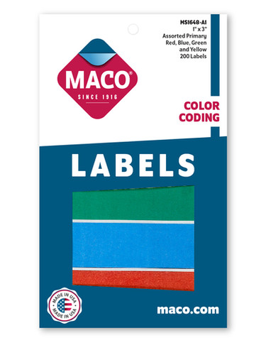 1" x 3" Color Coding Labels, Assorted Primary, 200/Bx | Maco