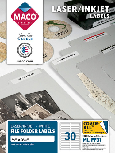 Lsr/Inkjet COVER-ALL™ White File Folder Labels, 2/3" x 3-7/16", 30/Sht ...