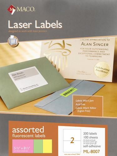 Laser Assorted Neon Labels, 5-1/2" x 8-1/2", 2/Sheet, 200 Labels/Bx | Maco