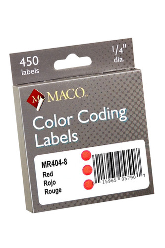 1/4" Dia. Color Coding Labels, Red, 450/Roll in Dispenser Box | Maco