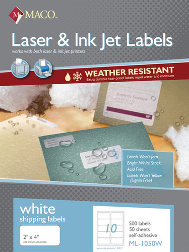 Laser/Inkjet White Weather Resistant Shipping Labels, 2" x 4", 10/Sheet ...