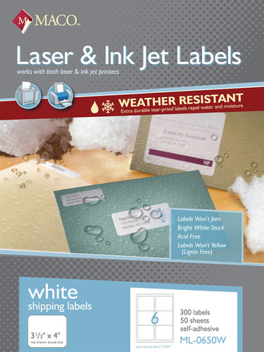 Laser/Inkjet White Weather Resistant Shipping Labels, 3-1/3" x 4", 6 ...