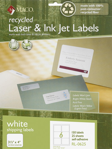 Recycled Laser/Inkjet White Shipping Labels, 3-1/3" x 4", 6/Sheet, 150 ...