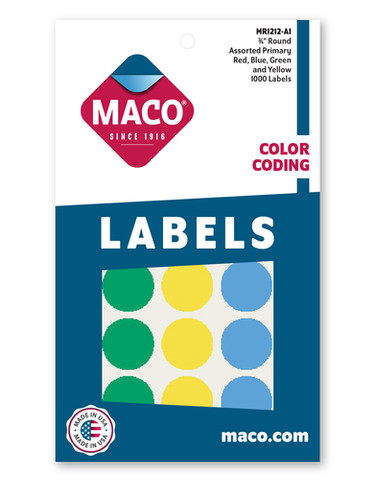 3/4" Dia. Color Coding Labels, Assorted Primary, 1000/Bx | Maco