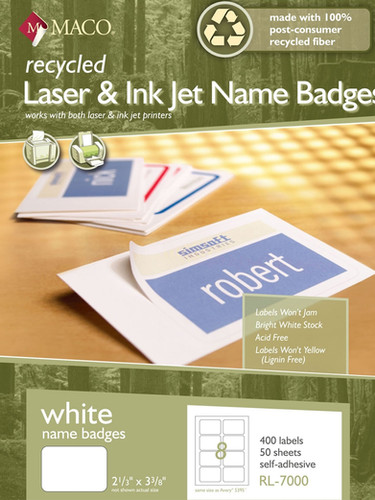 Recycled Laser/Inkjet White Name Badge Labels, 2-1/3" x 3-3/8", 8/Sheet ...