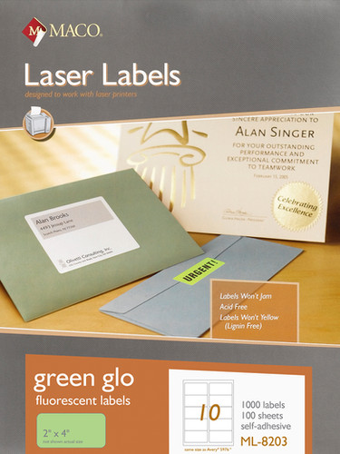 Laser Green Neon Labels, 2" x 4", 10/Sheet, 1000 Labels/Bx | Maco