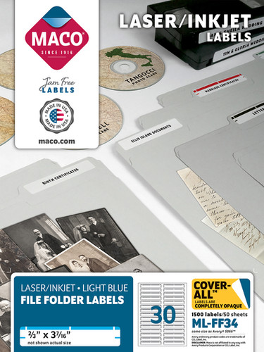 Lsr/Inkjet COVER-ALL™ Lt Blue File Folder Labels, 2/3"x3-7/16", 30/Sht ...