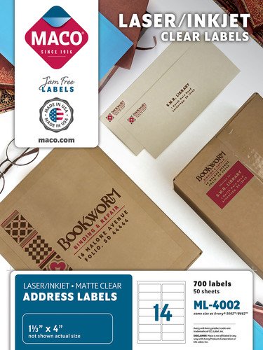Laser/Inkjet Clear Address Labels, 1-1/3" x 4", 14/Sheet, 750/Bx | Maco