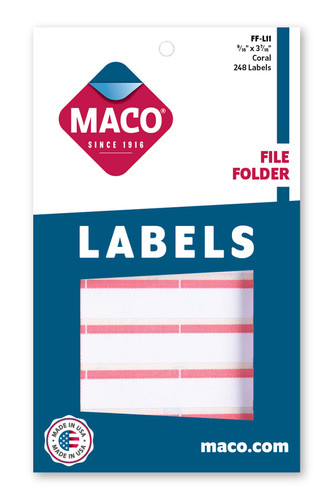 File Folder Labels, Coral, 9/16" x 3-7/16", 248/Bx | Maco