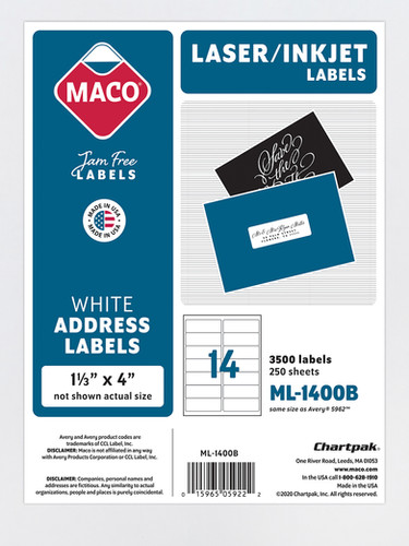 Laser/Inkjet White Address Labels, 1-1/3" x 4", 14/Sheet, 3500 Labels ...