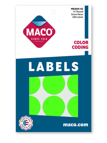 1-1/4" Dia. Color Coding Labels, Green Neon, 400/Bx | Maco