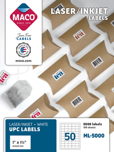 Laser/Inkjet White UPC Labels, 1" x 1-1/2", 50/Sheet, 5000 Labels/Bx | Maco
