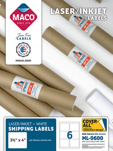 Laser/Inkjet COVER-ALL™ White Shipping Labels, 3-1/3" x 4", 6/Sheet ...