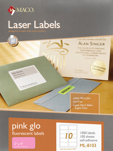 Laser Pink Neon Labels, 2" x 4", 10/Sheet, 1000 Labels/Bx | Maco