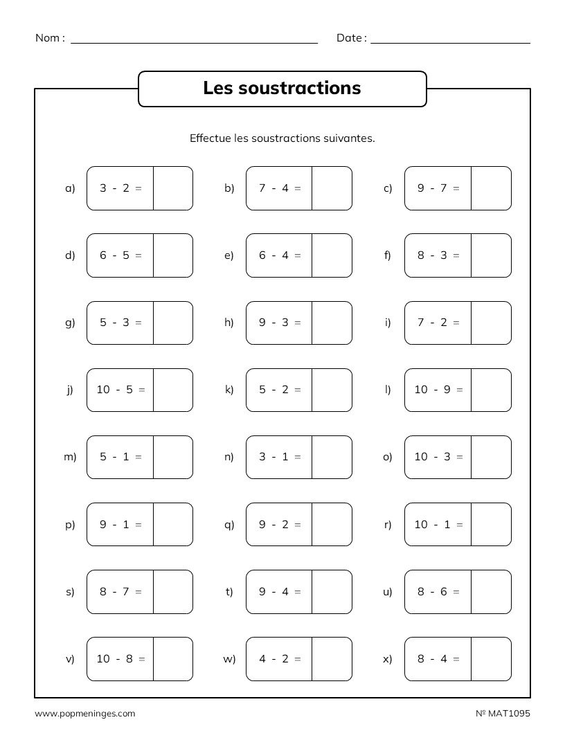 Soustractions avec les nombres de 1 à 10 | PopMéninges