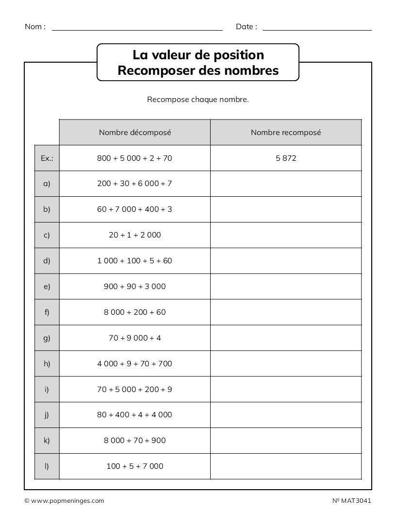 La valeur de position - Recomposer des nombres (Fiche B) | PopMéninges