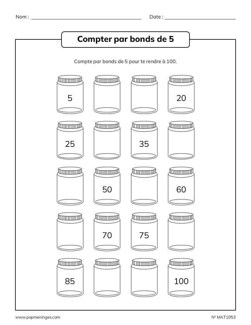 Compter par bonds de 5 jusqu'à 100 - Cases préremplies | PopMéninges