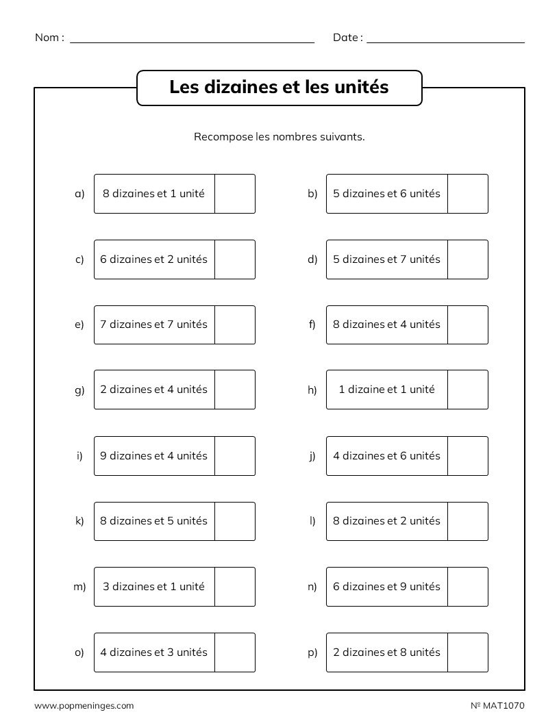 Les dizaines et les unités - Nombres à recomposer | PopMéninges
