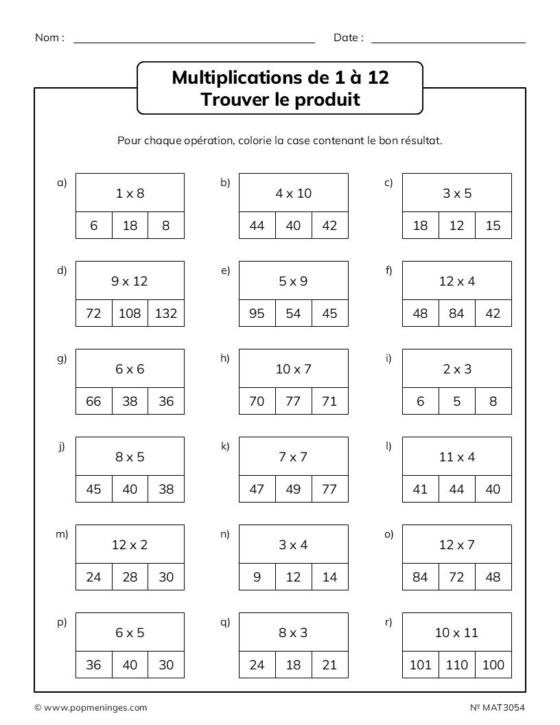 Multiplications de 1 à 12 - Trouver le produit | PopMéninges